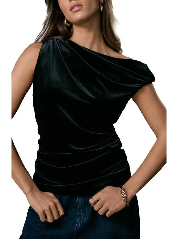 NEXT Asymmetric Neck Ruched Velvet Top - Black