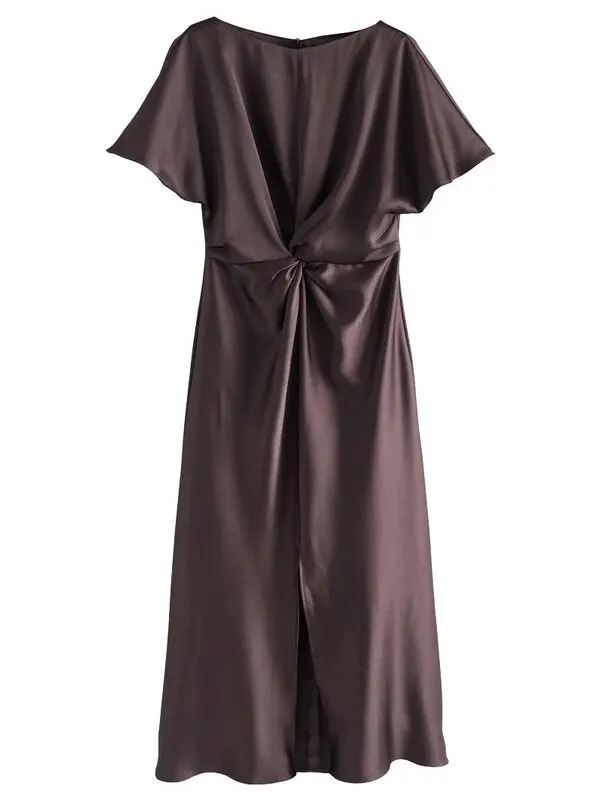 NEXT Short Sleeve Twist Front Midi Dress - Brown