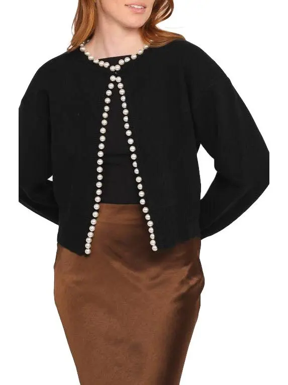 PETAL & PUP Bloom Faux Pearl Trim Cardigan - Black