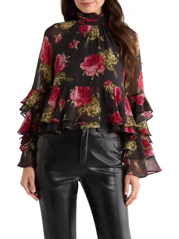 Cinq À Sept Skylah Baroque Roses Ruffle Top - Obsidian Multi