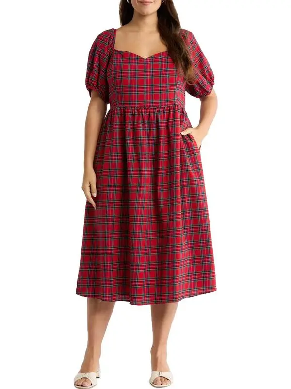SUGARLIPS Arvada Plaid Puff Sleeve Dress - Red-multi