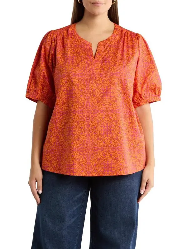SUGARLIPS Floral Print Split-neck Top - Flame-orange