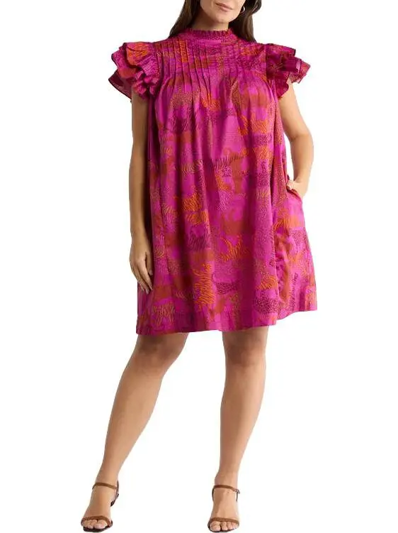 SUGARLIPS Printed Ruffle-sleeve Shift Dress - Magenta