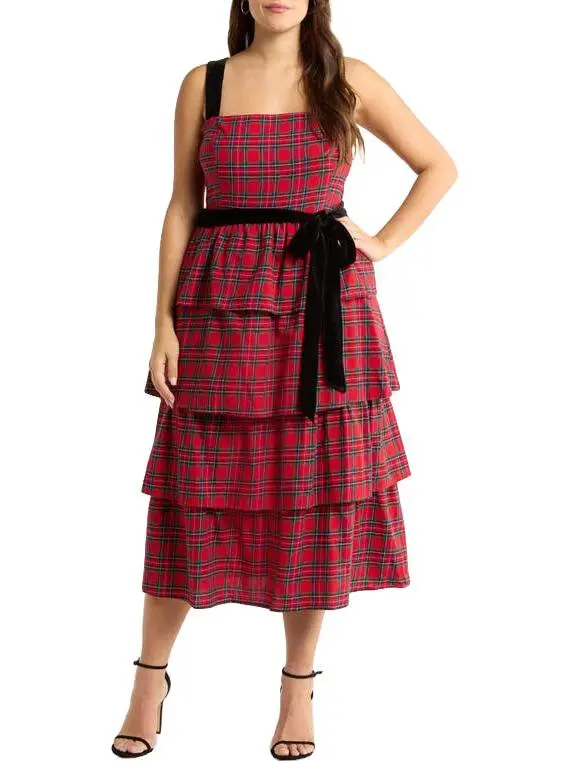 SUGARLIPS Arvada Plaid Smocked Tiered Maxi Dress - Red-multi