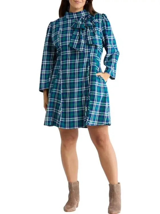 SUGARLIPS Plaid Bow Mini Dress - Navy-green