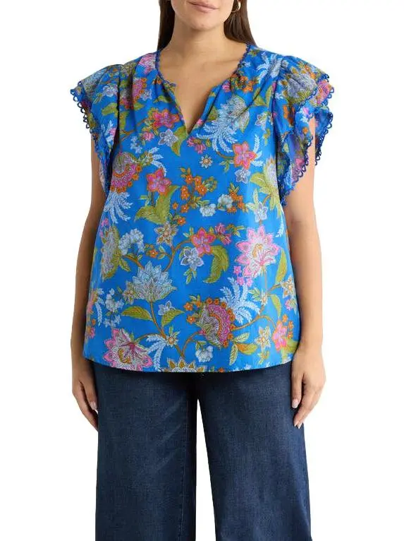 SUGARLIPS Sunlit Floral Print Ruffle Top - Cobalt-multi