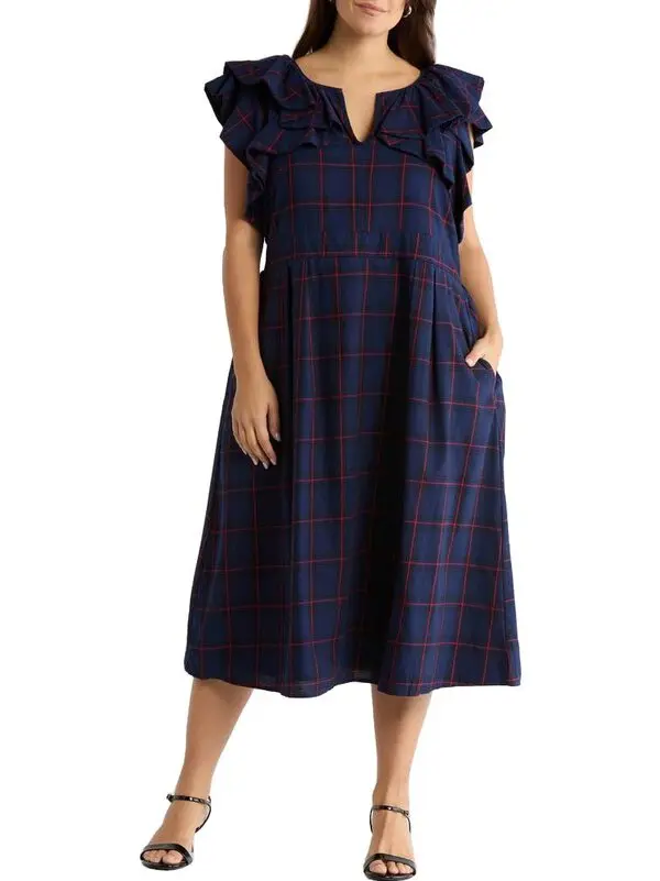 SUGARLIPS Holbrook Plaid Santana Tie Back Midi Dress - Navy-red