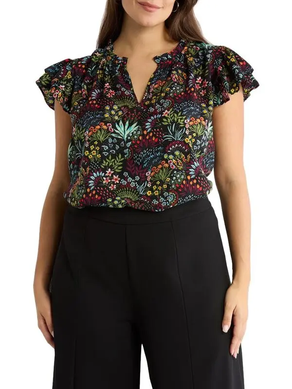 SUGARLIPS Yorbie Bellissima Floral Flutter Sleeve Top - Black-multi