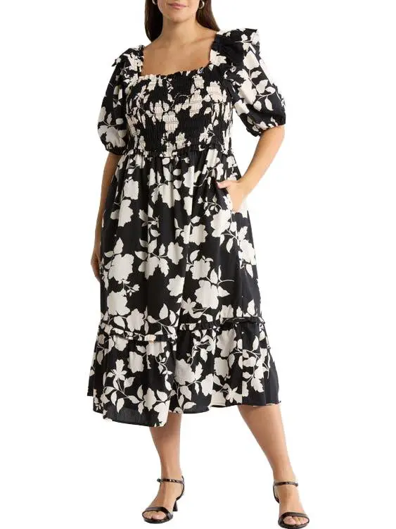 SUGARLIPS Mableton Floral Print Smocked Dress - Black-cream