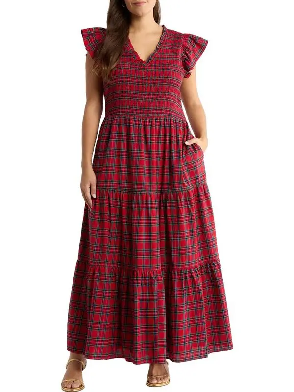 SUGARLIPS Arvada Plaid Cotton Maxi Dress - Red-multi
