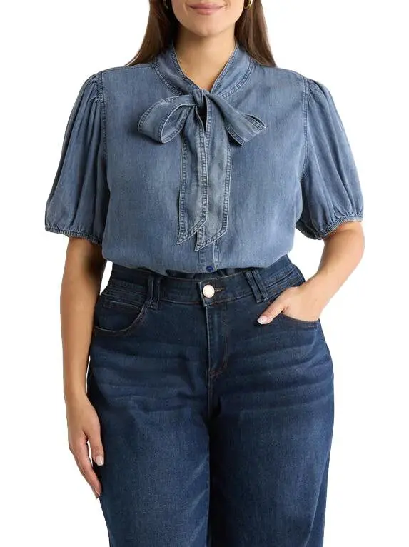 SUGARLIPS Georgina Tie Neck Chambray Top - Medium-chambray