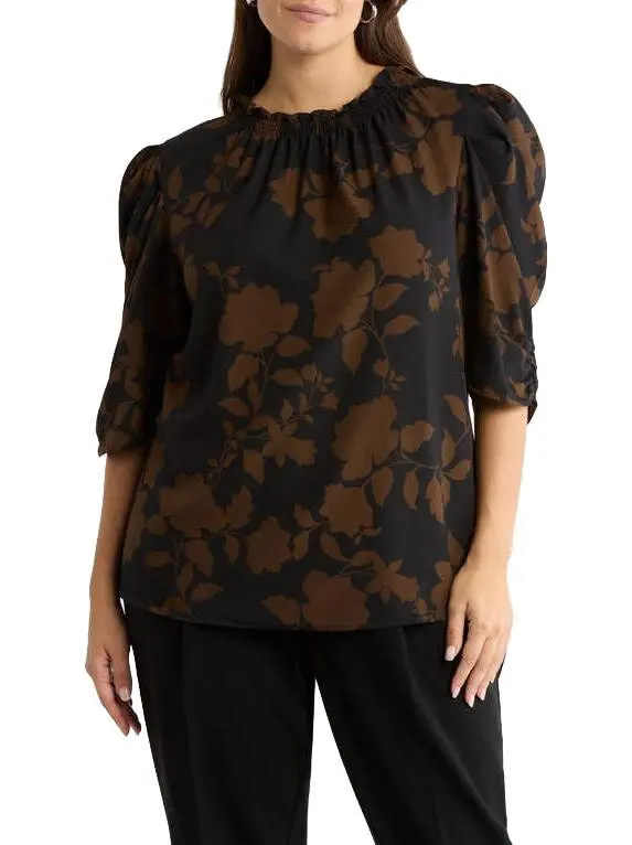 SUGARLIPS Floral Puff Sleeve Top - Brown-black