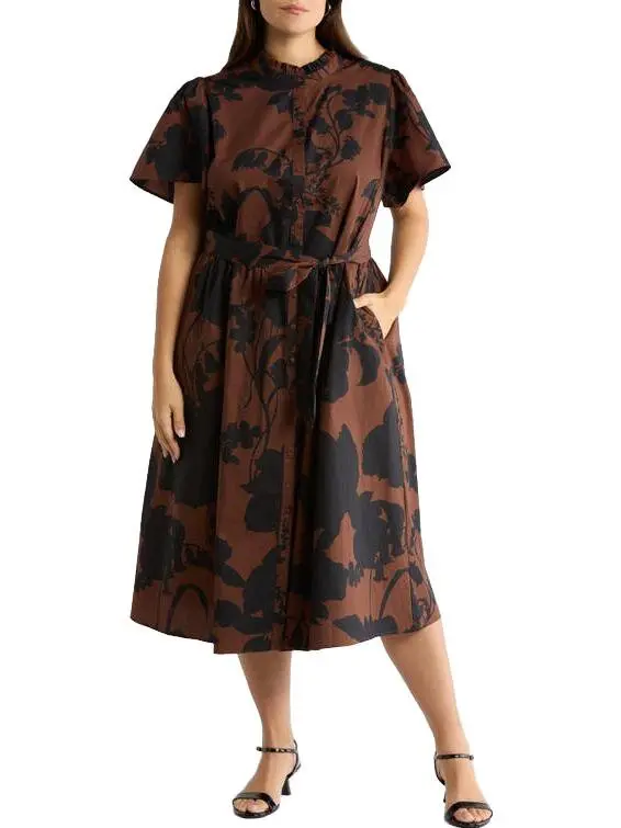 SUGARLIPS Floral Print Tie Waist Midi Dress - Chocolate