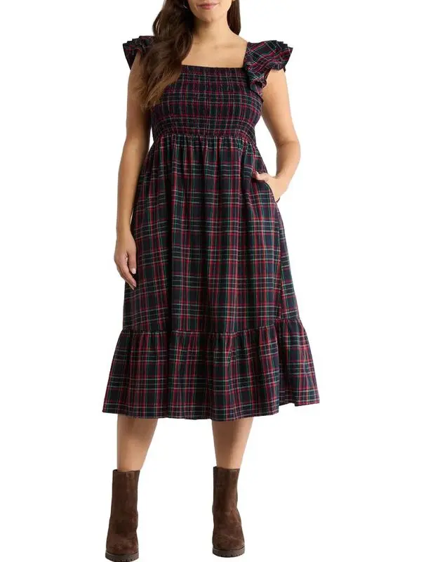 SUGARLIPS Chapman Plaid Smocked Dress - Navy-multi