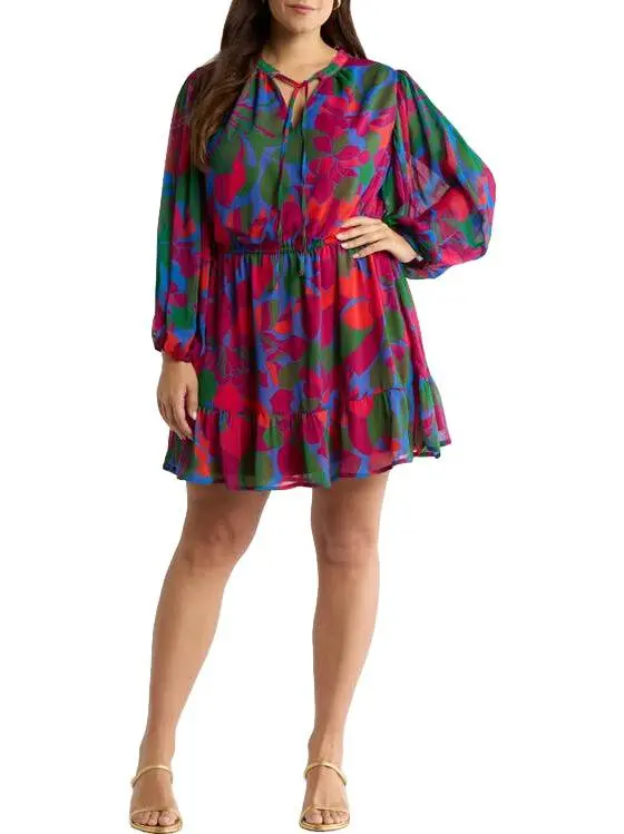 SUGARLIPS Kaeli Floral Print Long Sleeve Dress - Magenta-blue-green