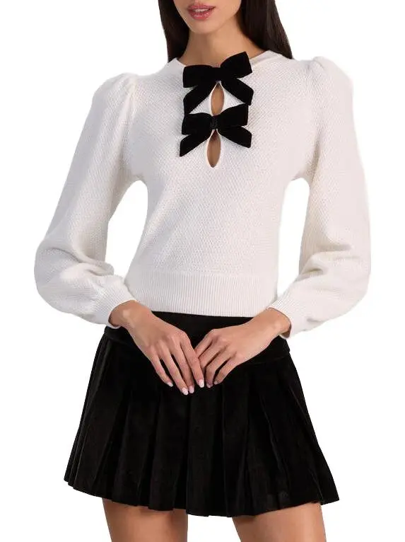 Alice + Olivia Doris Velvet Bow Sweater - Soft White/black