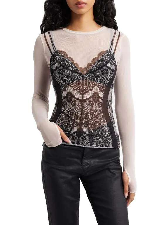 AFRM Kaylee Printed Long Sleeve Mesh Top - Corset Slip