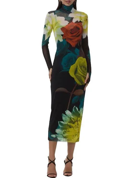 AFRM Shailene Printed Mesh Midi Dress - Citron Blossom