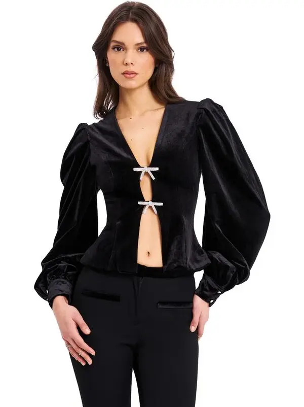 MISS CIRCLE Velvet Lantern Sleeve Top With Crystal Bow - Black