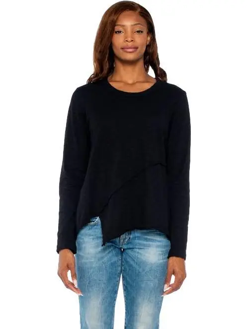 WILT CLOTHING Crew Long Sleeve Easy Crossover Raw Hem Top - Black