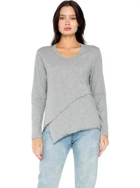 WILT CLOTHING Crew Long Sleeve Easy Crossover Raw Hem Top - Grey Heather