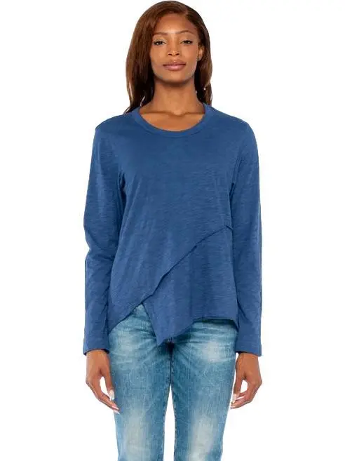 WILT CLOTHING Crew Long Sleeve Easy Crossover Raw Hem Top - Midnight