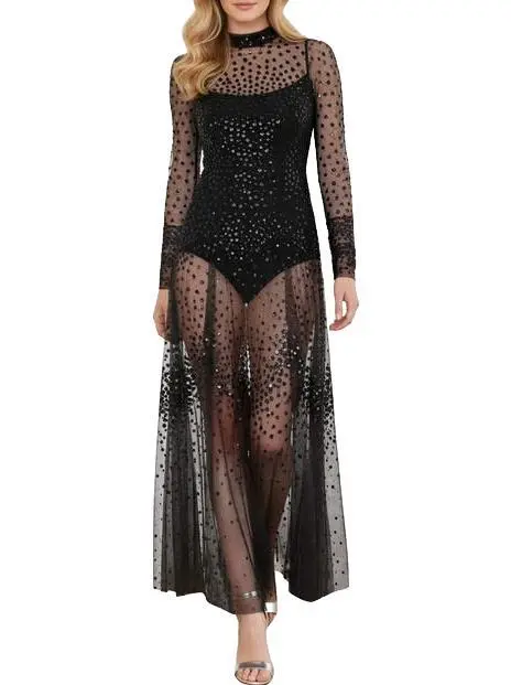 NEEDLE & THREAD Scallop Sequin Ankle Gown With Bow Detail - Graphite