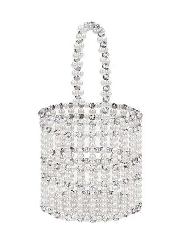 MISS CIRCLE Faux Pearl Crystal Mini Bucket Bag - White
