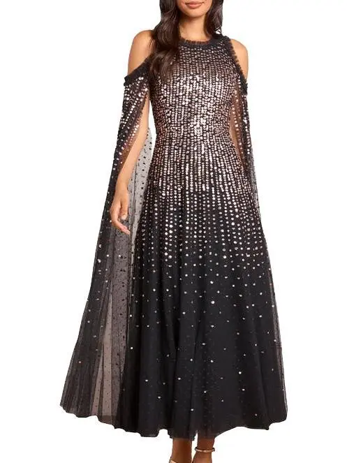 NEEDLE & THREAD Moonlight Sequin Cape Sleeve Ankle Gown - Graphite/metallic