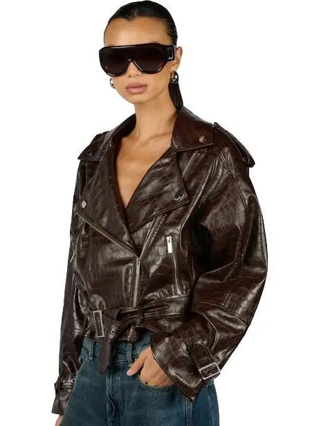 WeWoreWhat Cropped Moto Jacket - Dark Brown