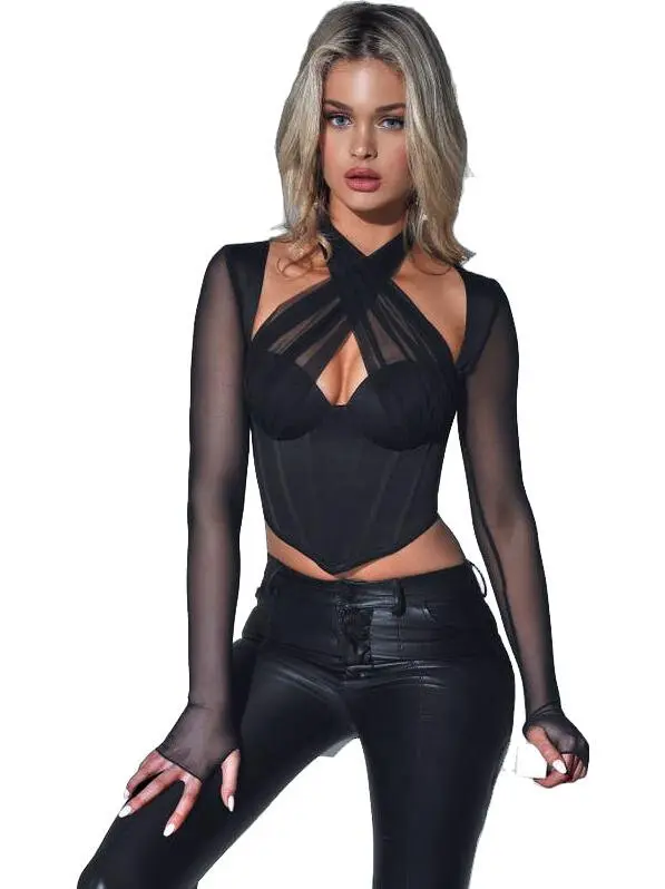 MISS CIRCLE Mesh Satin Corset Top - Black