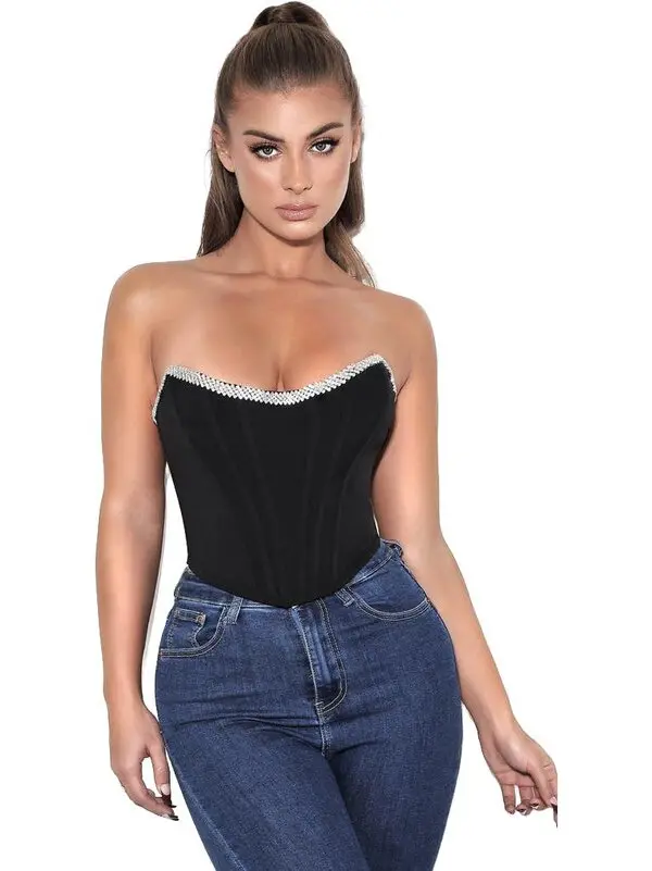 MISS CIRCLE Corset Top With Crystal Trim - Black