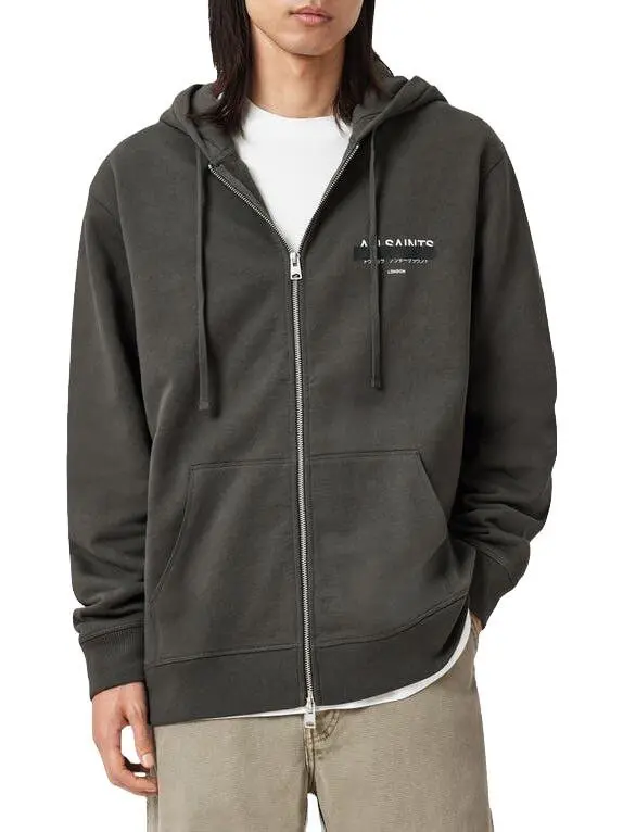 ALLSAINTS Redact Zip Up Cotton Fleece Hoodie - Washed Black