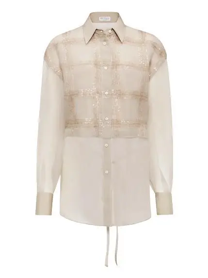 Brunello Cucinelli Embroidered Silk Shirt - Cool Beige