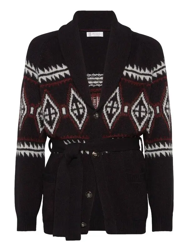 Brunello Cucinelli Geometric Jacquard Belted Cardigan - Black