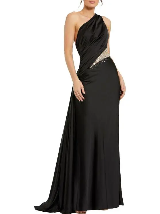 Mac Duggal One-shoulder Gown With Beaded Cutout - Black