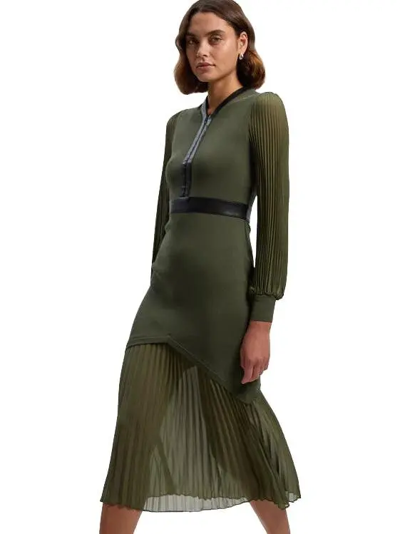 Karen Millen Pu Trim Woven Pleated Midi Dress - Olive