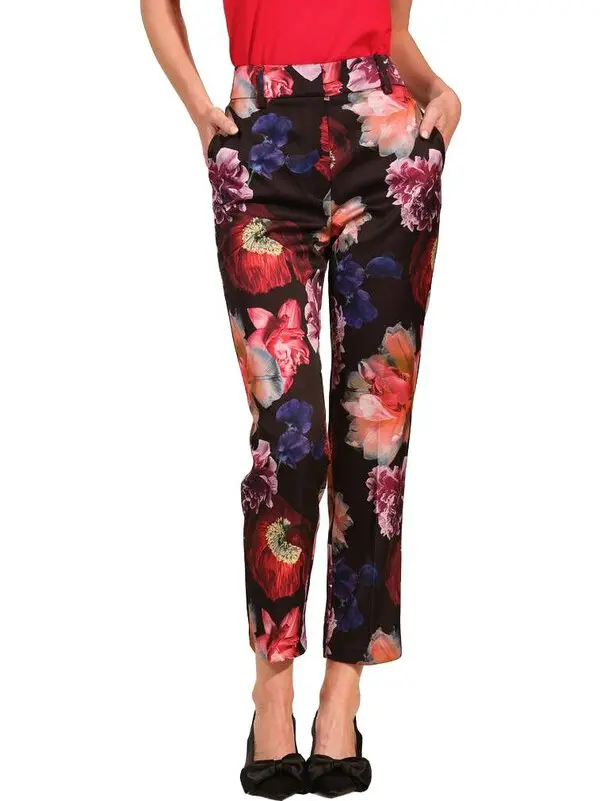 ISAAC MIZRAHI NEW YORK Print Satin Straight Leg Trousers - Fleur Nocturne