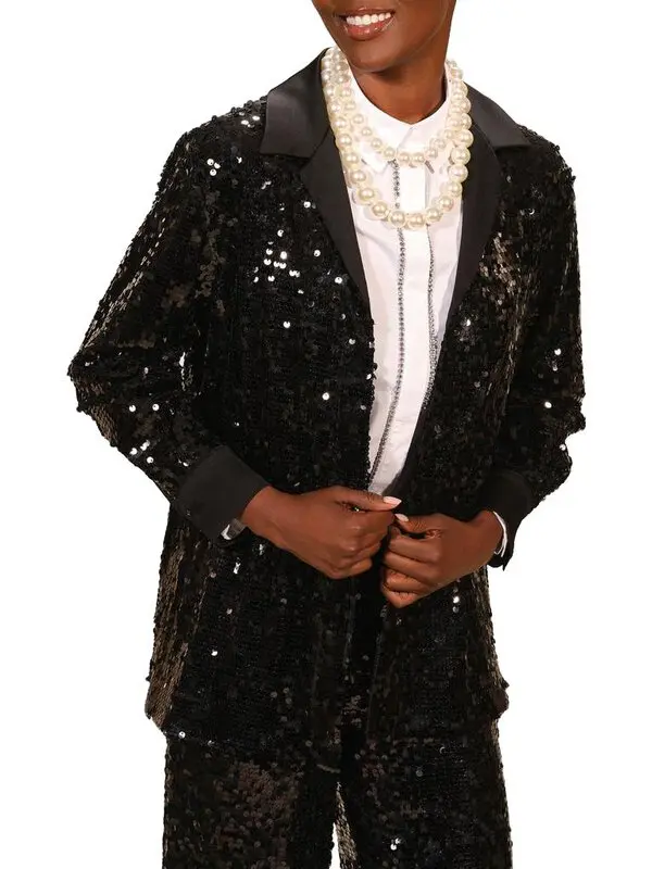 ISAAC MIZRAHI NEW YORK Sequin Notch Lapel Blazer - Black
