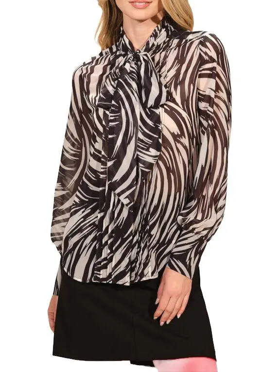 ISAAC MIZRAHI NEW YORK Tie Neck Button-up Shirt - Black/white