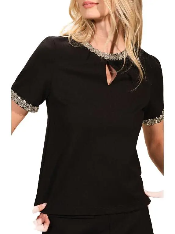 ISAAC MIZRAHI NEW YORK Embellished Jewel Neck Ponte T-shirt - Black