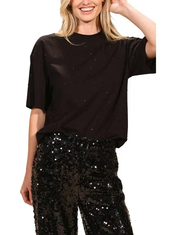 ISAAC MIZRAHI NEW YORK Rhinestone Embellished Cotton T-shirt - Black
