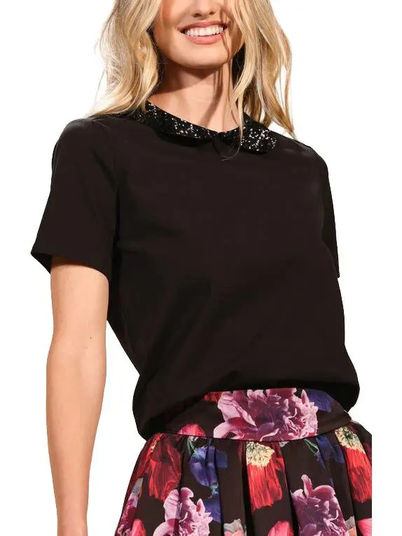 ISAAC MIZRAHI NEW YORK Sequin-embellished Peter Pan Collar Top - Black