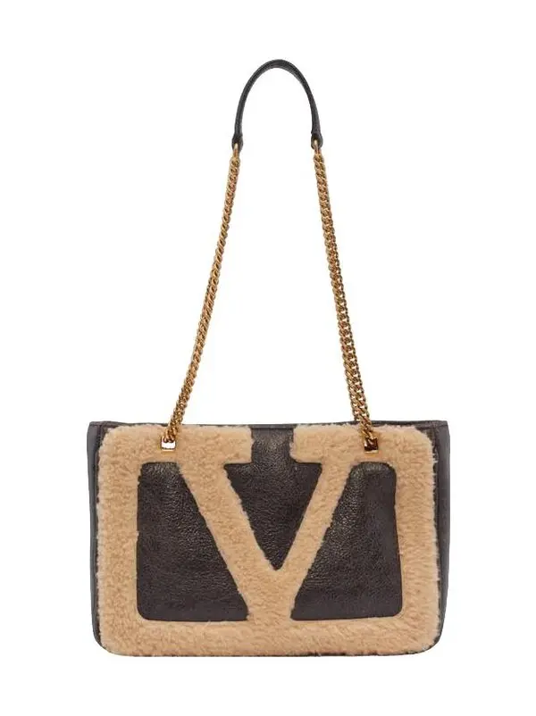 Valentino Garavani Small Viva Superstar Shearling Trim Tote - Fango/dark Beige