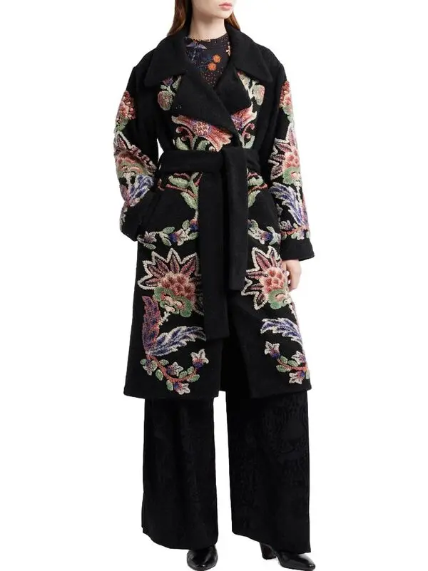 Farm Rio Marvelous Garden Embroidered Floral Fleece Coat - Black