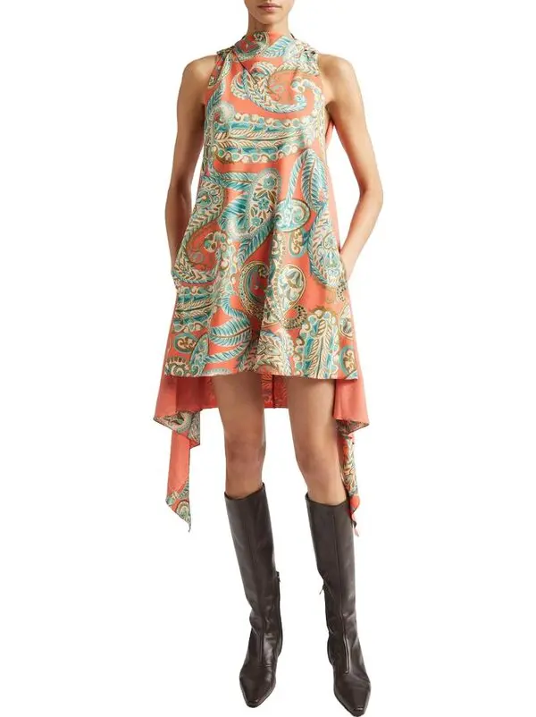 Etro Paisley Draped Side Mini Dress - Printed Orange Base