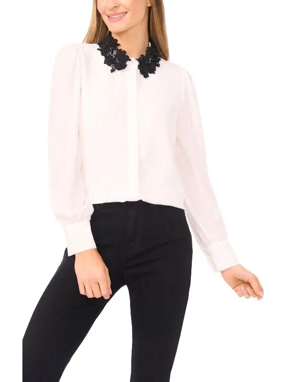 CECE DUPRAZ Embroidered Floral Lace Collar Button-up Shirt - New Ivory