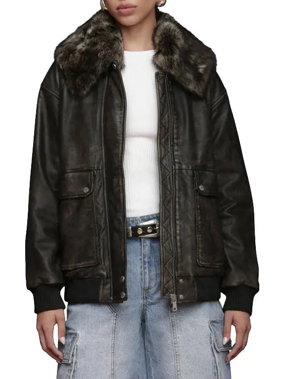Avec Les Filles Oversized Leather Bomber Jacket With Shearling Collar - Washed Black