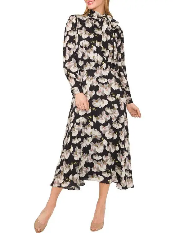 Ted Baker London Floral Tie Neck Long Sleeve Dress - Rich Black