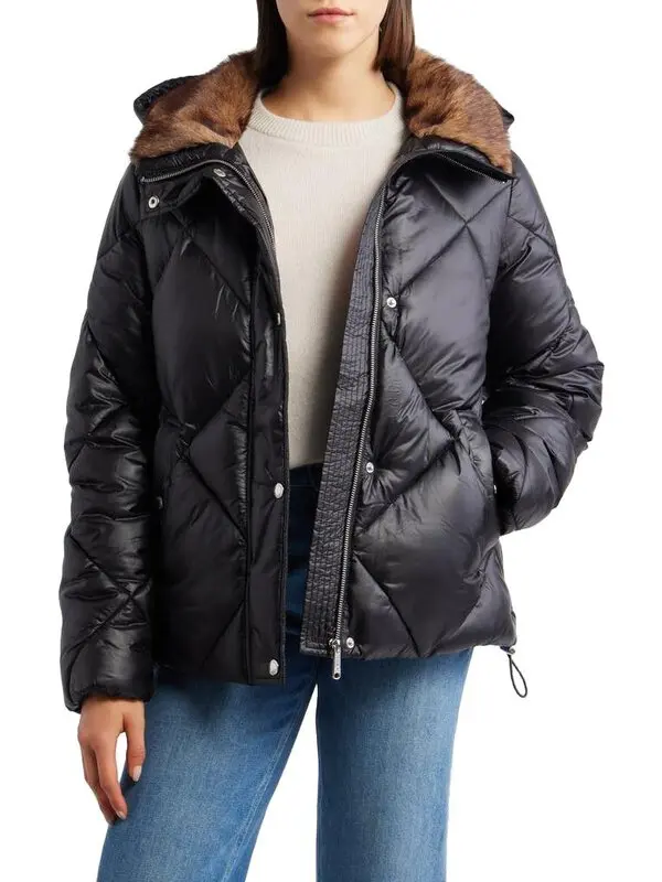 Sam Edelman Diamond Quilted Puffer Jacket With Faux Fur Hood - Black